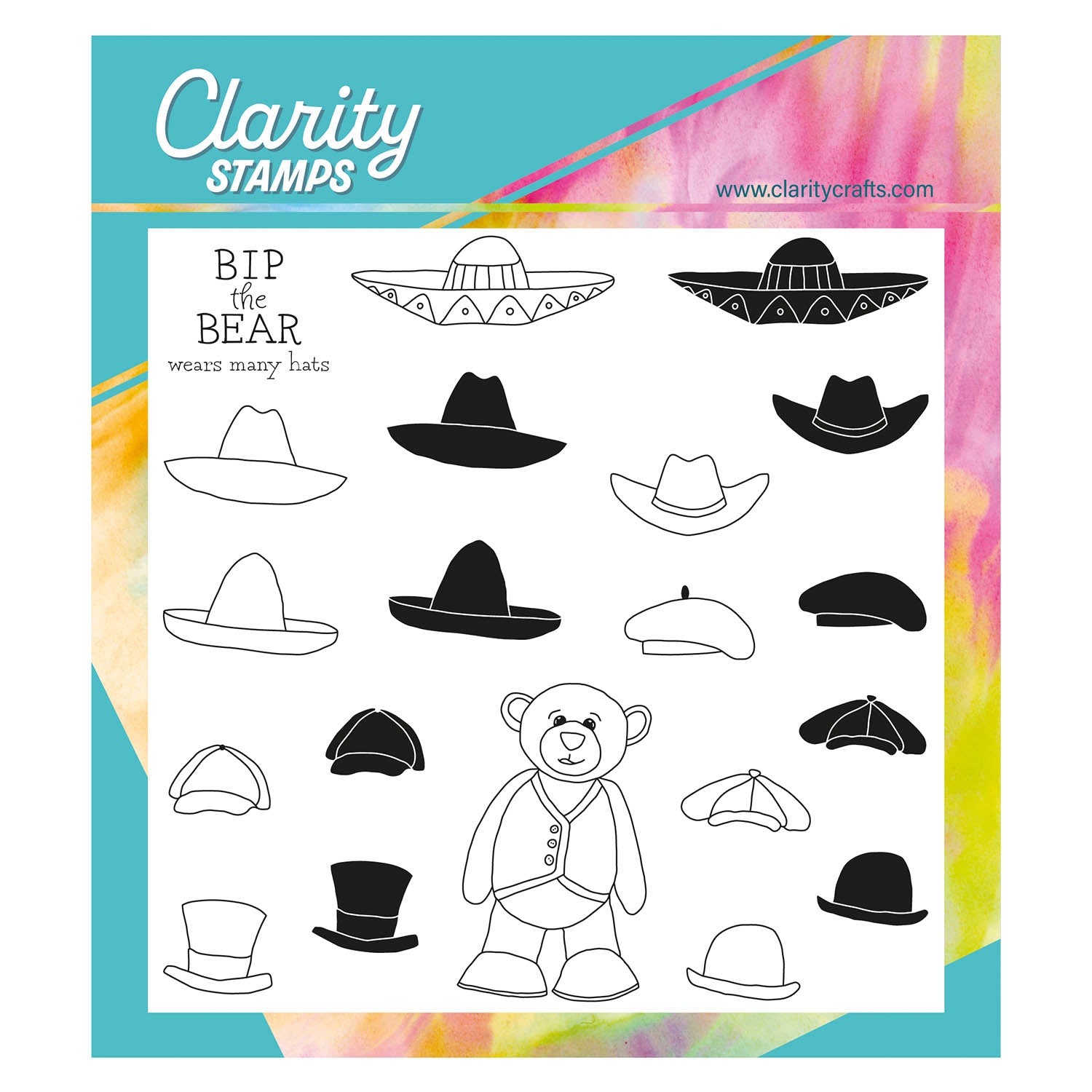 BIP the Bear Wears Many Hats A5 Square Stamp & Mask Set – Claritystamp