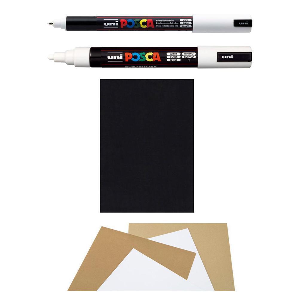 White Posca Pens and Black, Buff & Light Buff Paper Pack – Claritystamp